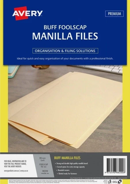 AVERY 88200 MANILLA File Foolscap Buff Pack 20 $34.99 - PicClick AU