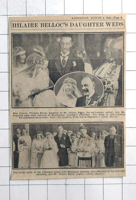 1922 MISS ELEANOR Philippa Belloc Marries Mr Reginald Jebb EUR 8,27 ...