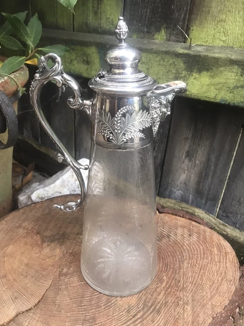 ANTIQUE VICTORIAN ETCHED glass claret jug silver plate bacchus handle ...