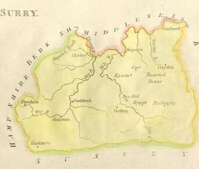 SURREY MAP BY John Aikin map England Delineated 1803 Original with text ...