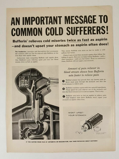 VINTAGE PRINT AD Aspirin Bufferin Antacid Pain Reliever 1956 Magazine ...