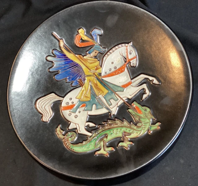 VINTAGE KARLSRUHE MAJOLICA Tile Wall Plaque St. George Slaying the ...