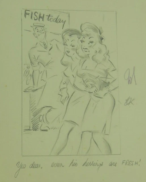 BAMFORTH COMIC PENCIL Sketch Artwork 40s FISHMONGER FRESH FISH INNUENDO ...