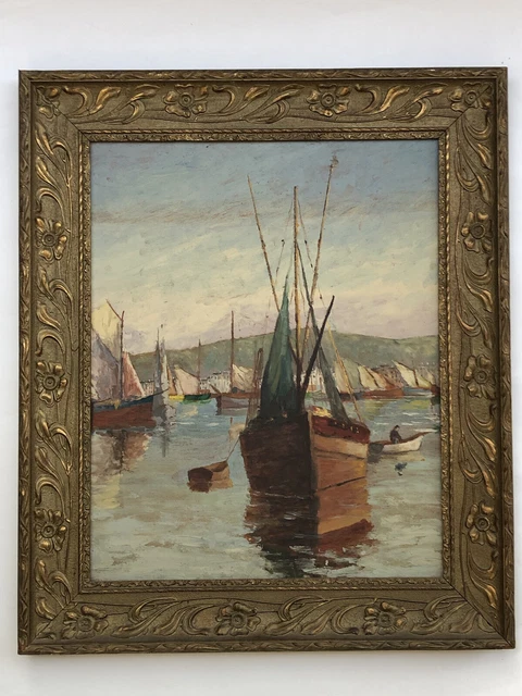 SUPERBE ANCIEN TABLEAU PEINTURE sur BOIS MARINE PORT BRETON BRETAGNE VOILIERS EUR 400,00 ...