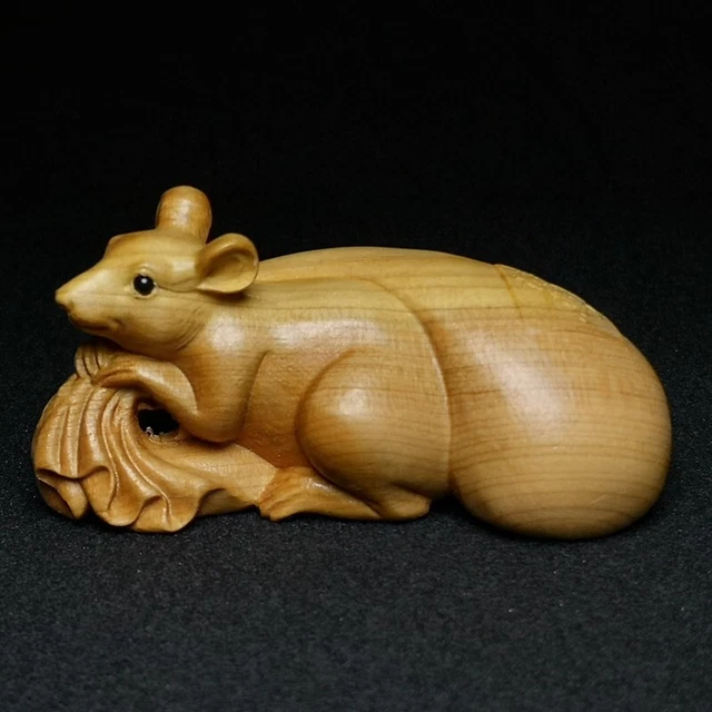 3 INCH JAPANESE Boxwood Hand carved Mouse Rat Figure Statue Netsuke ...