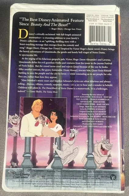 WALT DISNEY’S THE Hunchback of Notre Dame (VHS, 1996) Good Condition ...