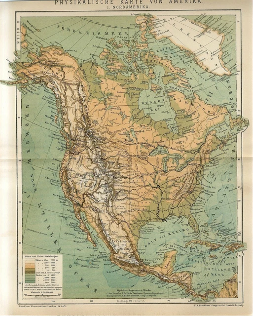 1882 NORTH AMERICA PHYSICAL MAP USA CANADA MEXICO GREENLAND ALASKA ...