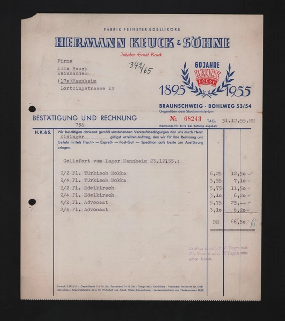 BRAUNSCHWEIG, RECHNUNG 1955, Hermann Keuck & Söhne Edel-Likör-Fabrik EUR 14,99 - PicClick DE