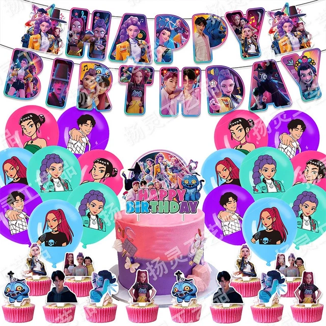 KPOP DEMON HUNTERS Birthday Party Supplies Set Flag Banner Cake Toppers ...