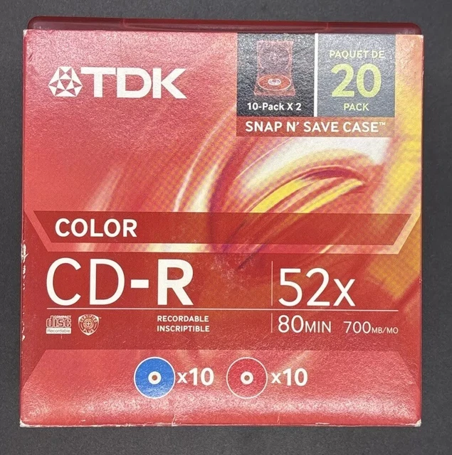 RARE~TDK (COLOR) CD-R Color 20 Pack Recordable 52× 80Min 700MB/MO 2006 ...