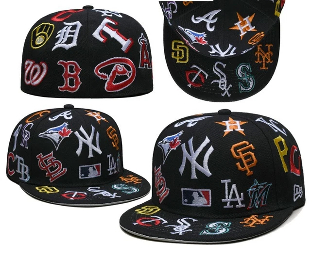 NEW MLB TEAMS Patch Logos All-Over Black 59FlFTY Fitted Cap Era-5950 ...