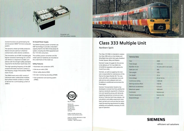 SIEMENS DATA SHEET UK Northern Spirit, Class 333 Multiple Unit EUR 8,90 ...
