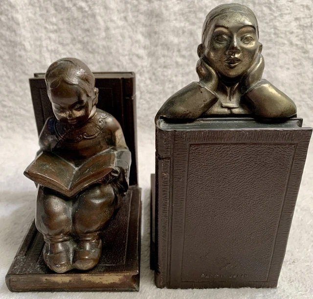 VINTAGE BOOKENDS ASIAN Chinese Boy Girl Reading Book Home Office Decor ...