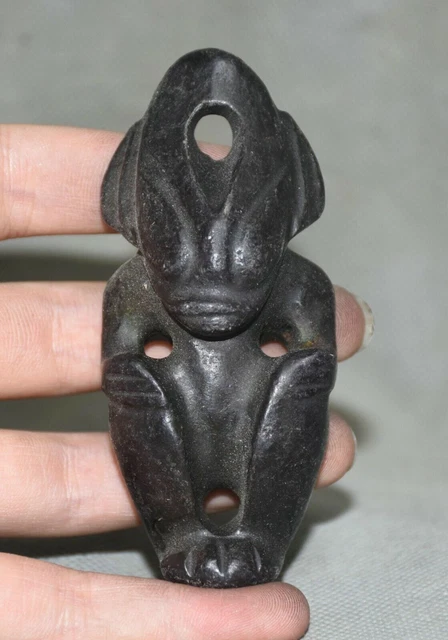 3.4& NEOLITHIC HONGSHAN Culture Old Jade Black Meteor Carved Sun God ...