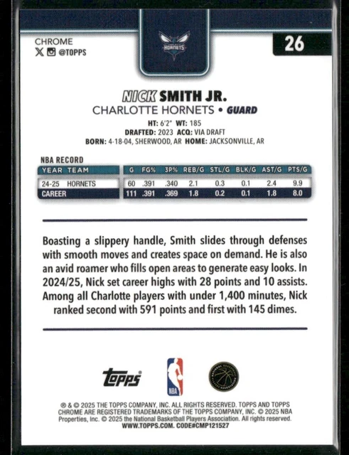 2025-26 TOPPS CHROME Nick Smith Jr Orange Raywave Refractor /25 $16.05 ...