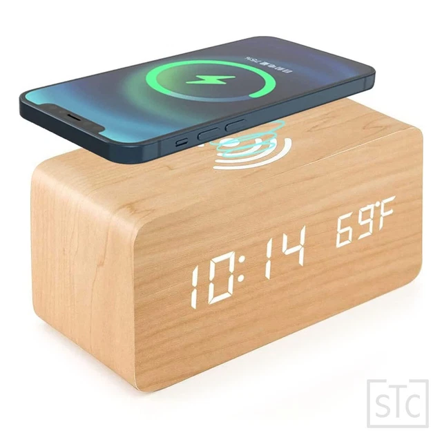 MODERN WOODEN WOOD Digital LED Desk Alarm Clock Thermometer Qi Wireless ...