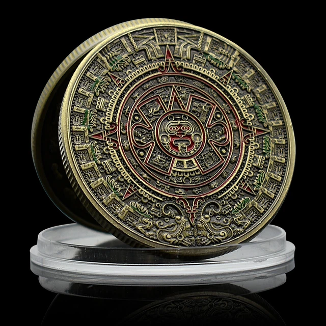 MAYAN SYMBOLS BRONZE Coin Aztec Gold Calendar Medal Token Seal Souvenir ...