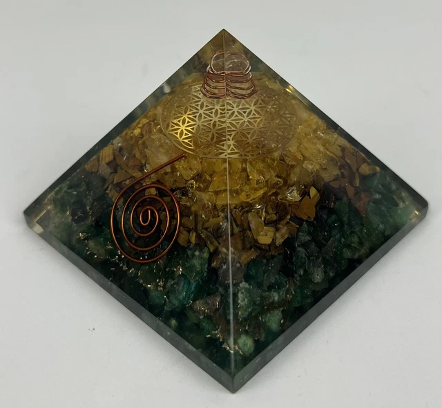 ORGONITE PYRAMID COPPER Coil Flower of Life Crystal Chips Orgone Energy ...