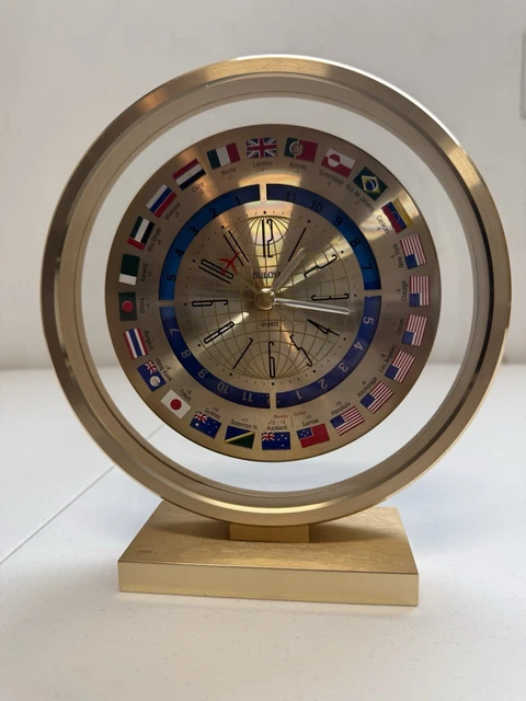 VINTAGE BULOVA WORLD Time Floating Flags Quartz Battery Operated Mantle ...