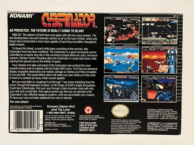 CYBERNATOR SNES FRONT & Back Original Cut Box Only Super Nintendo 1993 ...