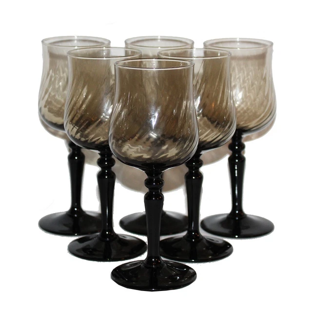 LOT DE 6 verres à vin vintage en verre torsadé fumé avec pied noir. EUR ...