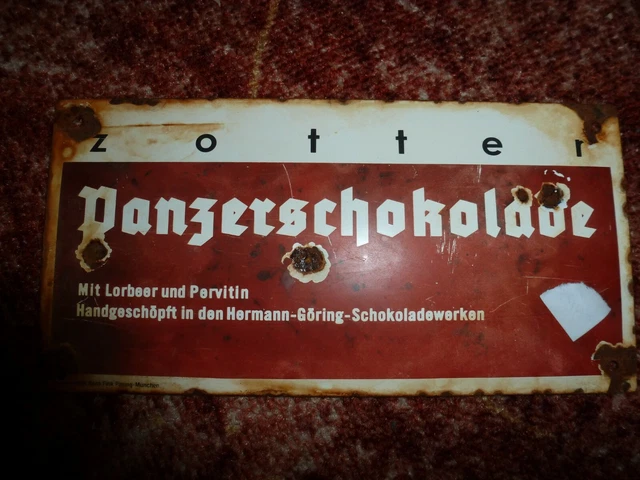 BLECH EMAILLESCHILD EMAILLE Schild Panzerschokolade Kriegszeit Werbung ...