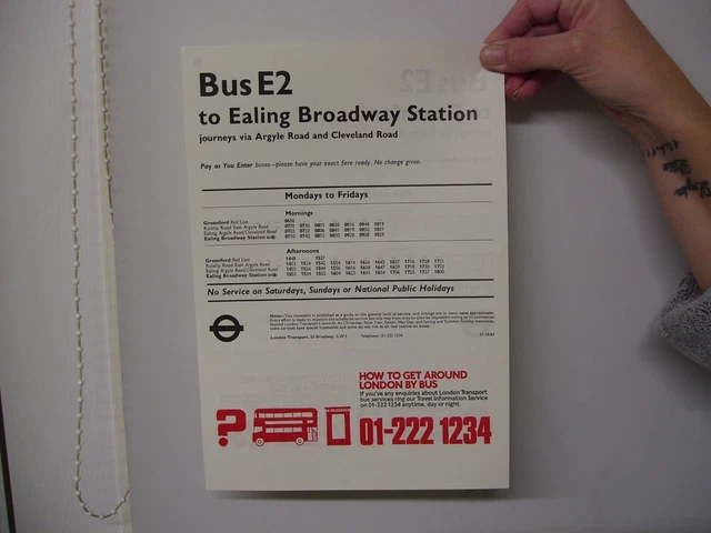 LONDON TRANSPORT BUS Stop Panel Timetable-Route E2-October 1983-Used ...