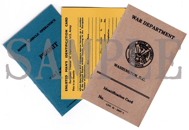 WW2 US (G.I.'S) Soldier's I.D. Cards & Vehicle Permit (Exact Copies) £ ...