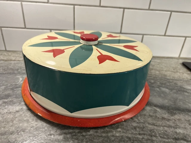 VINTAGE CAKE SAFE 1950s Round All Metal Cake Keeper Red Flowers $6.99 ...