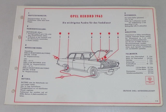 SHELL LUBRICATION CHART for Opel Rekord A Stand 05/1963 £15.90 ...