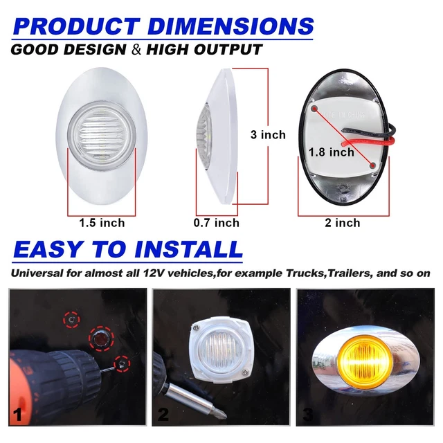 3 INCH CLEAR Lens Amber Light 3825 SMD 3 LED Side Marker Cab Clearance ...