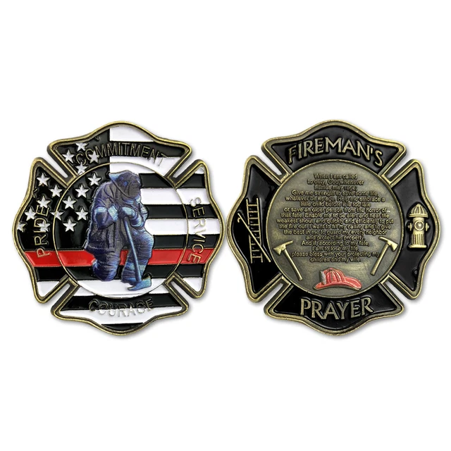 FIREFIGHTER CHALLENGE COIN Firemans Prayer St Florian Cross A Thin Red ...
