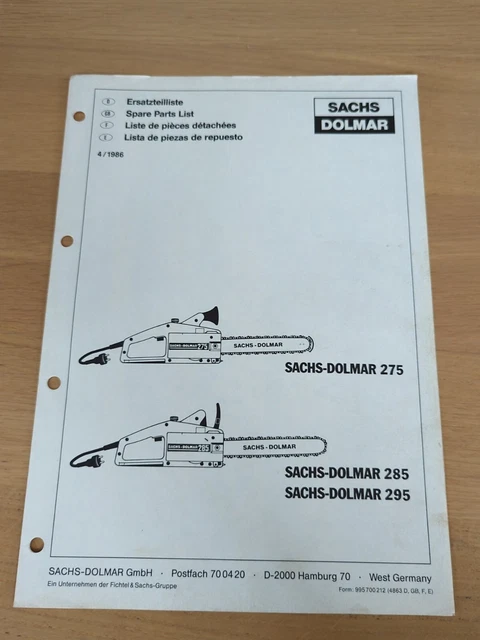 SACHS DOLMAR 275, 285, 295 Chainsaw Original Illustrated Parts List ...