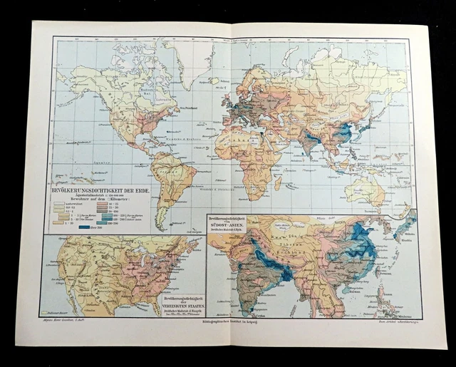 WORLD MAP POPULATION Density Growth Historical Geography GERMAN Antique ...