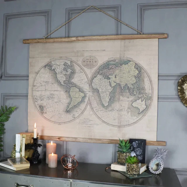 LARGE RUSTIC WORLD Map Hanging Canvas Print farmhouse wall art decor ...