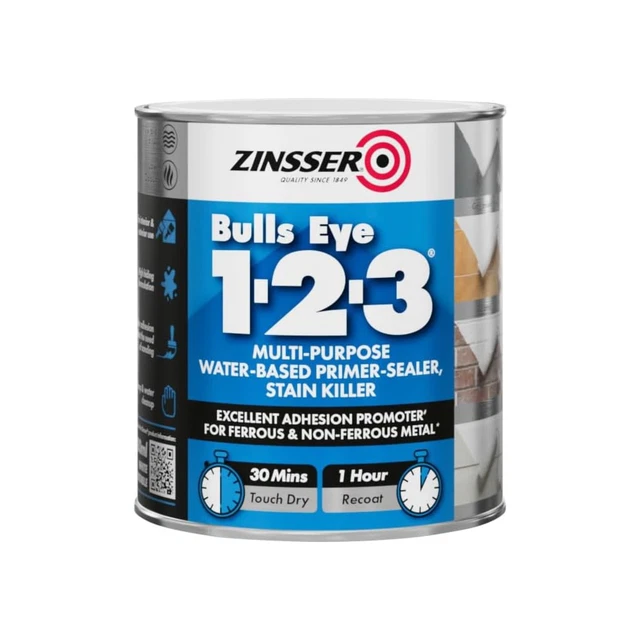 500ML ZINSSER BULLS Eye 1-2-3 Primer-Sealer & Stain Killer – Grey, Interior & Ex £24.48 ...