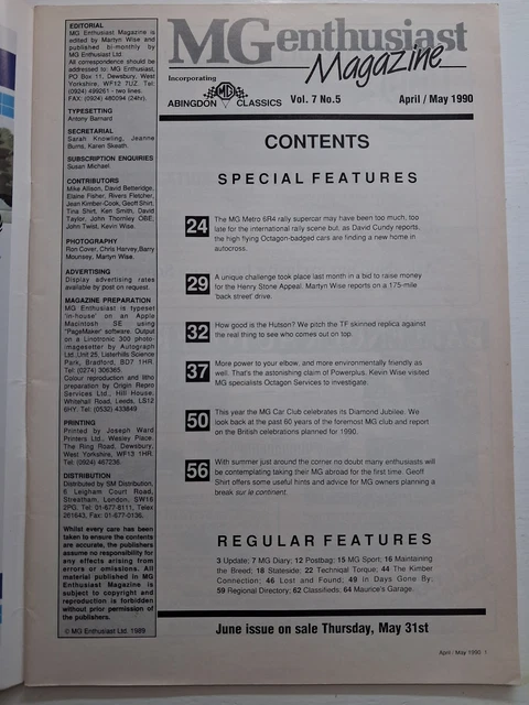 MG ENTHUSIAST MAGAZINE April / May 1990 £5.45 - PicClick UK