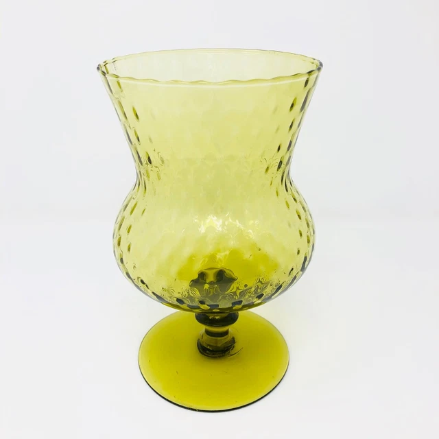 LARGE MID-CENTURY DIAMOND Green Optic Art Glass Compote Vase Vintage ...