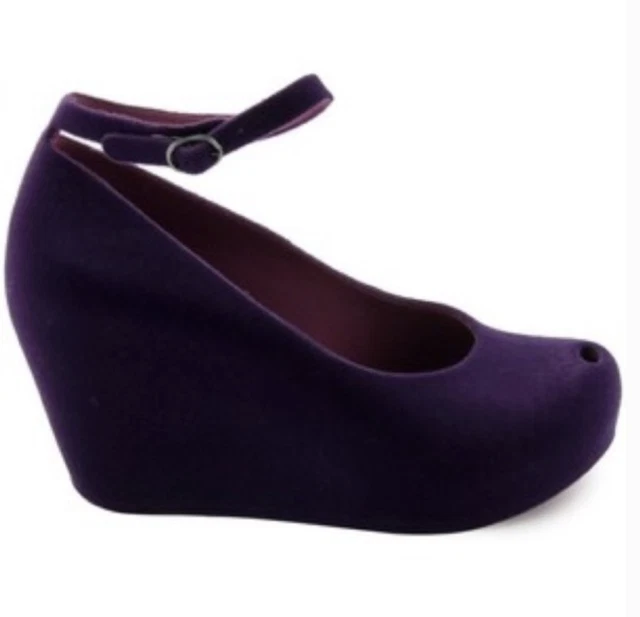 MELISSA PURPLE FLOCKED Velvet Peep Top Ultra Wedge Westwood Ankle Strap ...