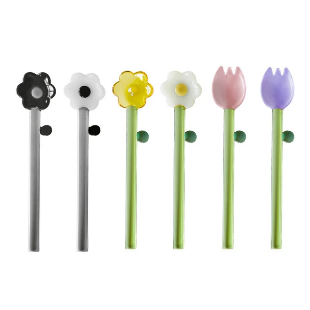 CLEAR GLASS LONG Handle Cute Flower Spoon Ice Cream Dessert Spoon ...