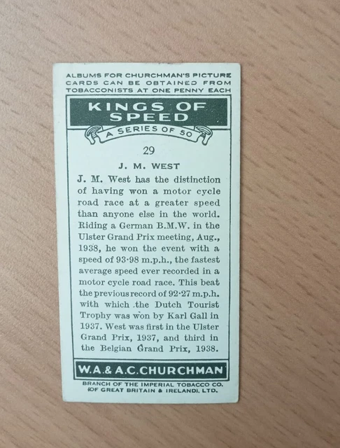CHURCHMAN CIGARETTE CARD Kings of Speed 1939 JM West #29 £1.00 ...