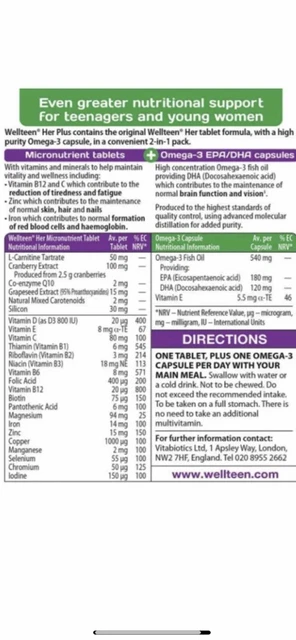 VITABIOTICS WELLTEEN HER Plus Cognitive immune Support 56 Tabs FACTORY ...