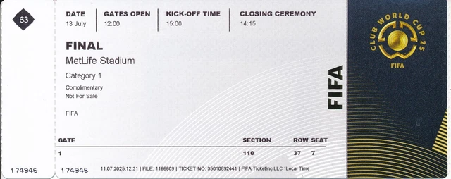 TICKET: FIFA CLUB WORLD CUP USA 2025 FINAL Chelsea v PSG - UNUSED ...