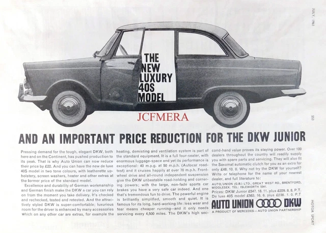 AUTO UNION DKW '40S Model' Saloon, Original 1961 Motor Car Advert : 660 ...