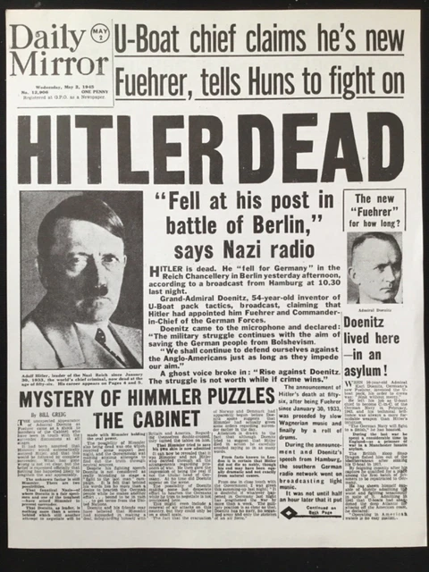 WW2 1945 NEWSPAPER/POSTER (2 Sided) : “Hitler Dead” £18.61 - PicClick UK