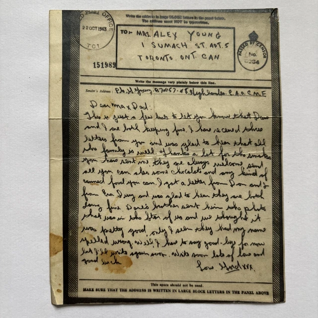 RARE WWII AIRGRAPH from 48th Highlanders to Canada. 1943. With envelope ...