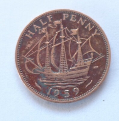 HALF PENNY OLD BRITISH PRE-DECIMAL ELIZABETH II 1959 HALFPENNIES -- Ref ...