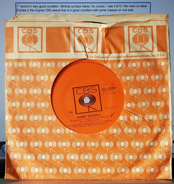 BOBBY RUSSELL - Midnight train To Memphis - 1974 7" single VG+, CBS ...