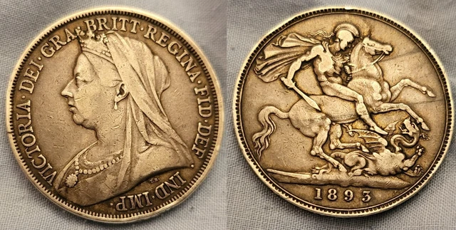 1893 SOLID SILVER Antique Queen Victorian Crown Coin Vintage Old Proof ...