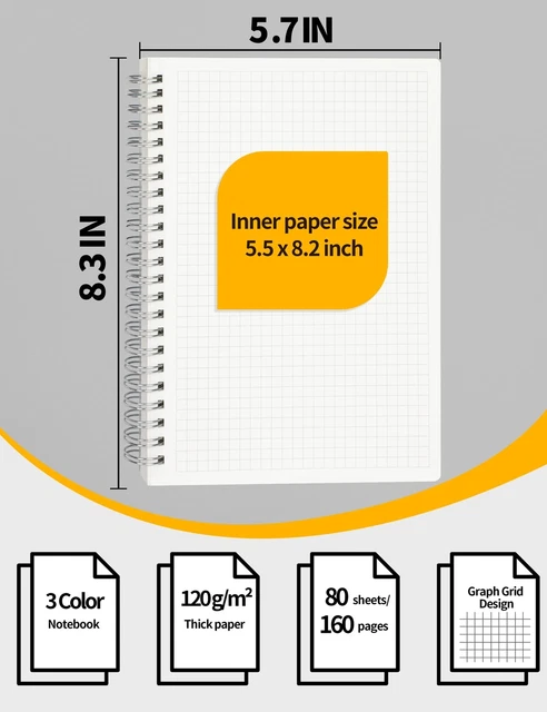 SUNEE GRAPH PAPER Notebook - 3 Pack A5 Spiral Grid Notebook, 5.7" x 8.3 ...
